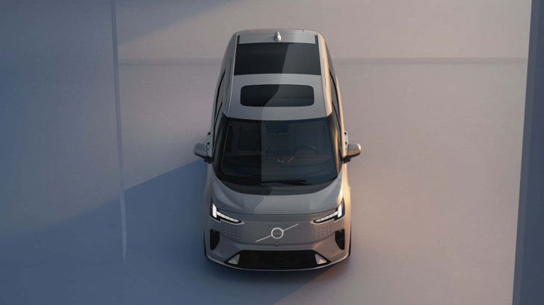The first ever Volvo EM90 minivan features a roof screen that performs ...